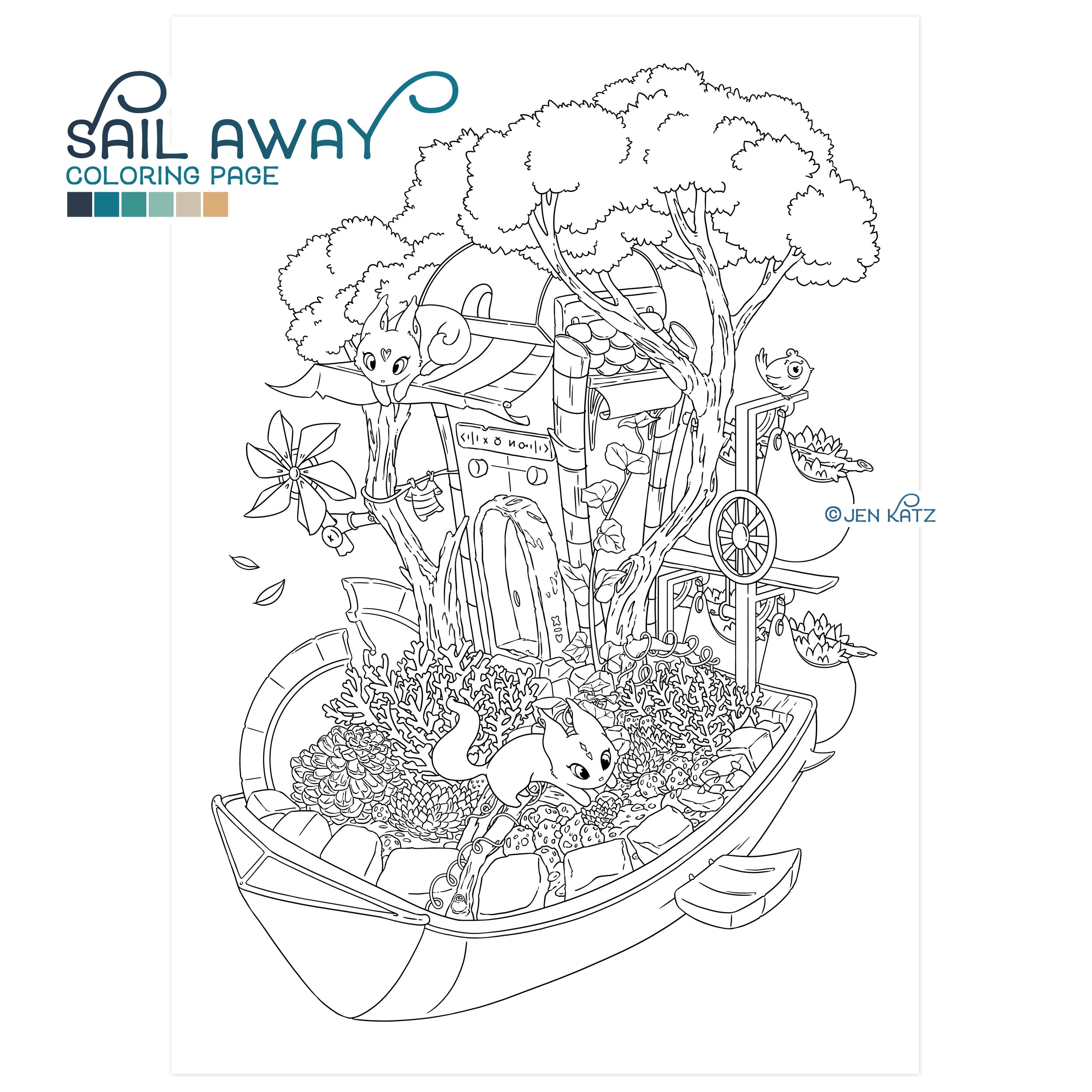 New! Sail Away Coloring Page - Cute Garden With Foxes Adult Coloring ...
