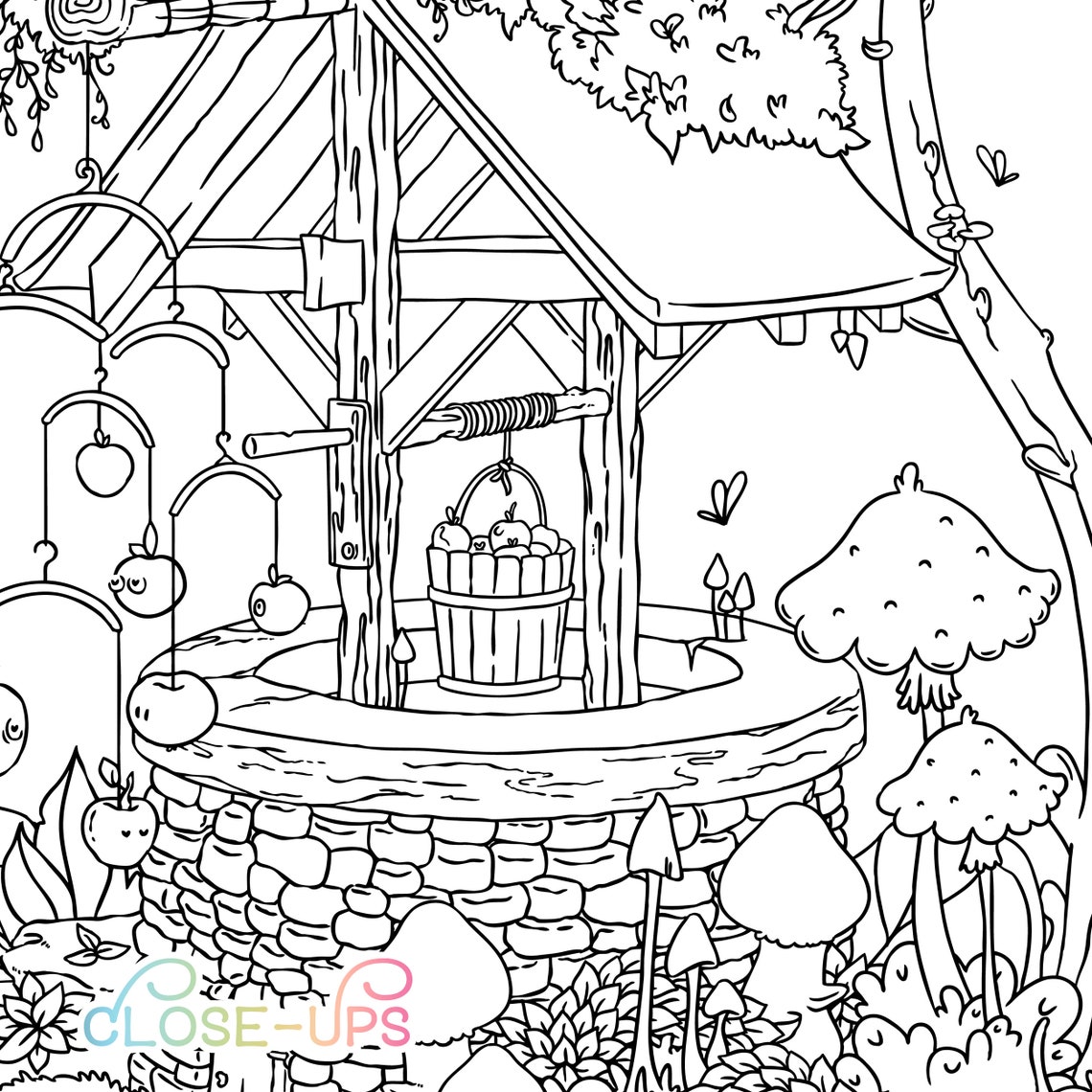 Wishing Well Adult Coloring Page Autumn Garden | Etsy