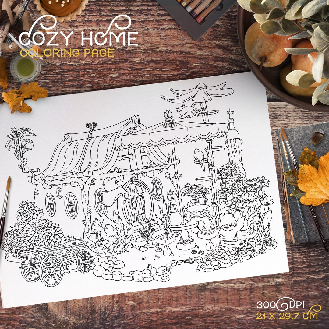 Cozy Home Coloring Page Garden Cute Adult Coloring Page Doodle Digital ...