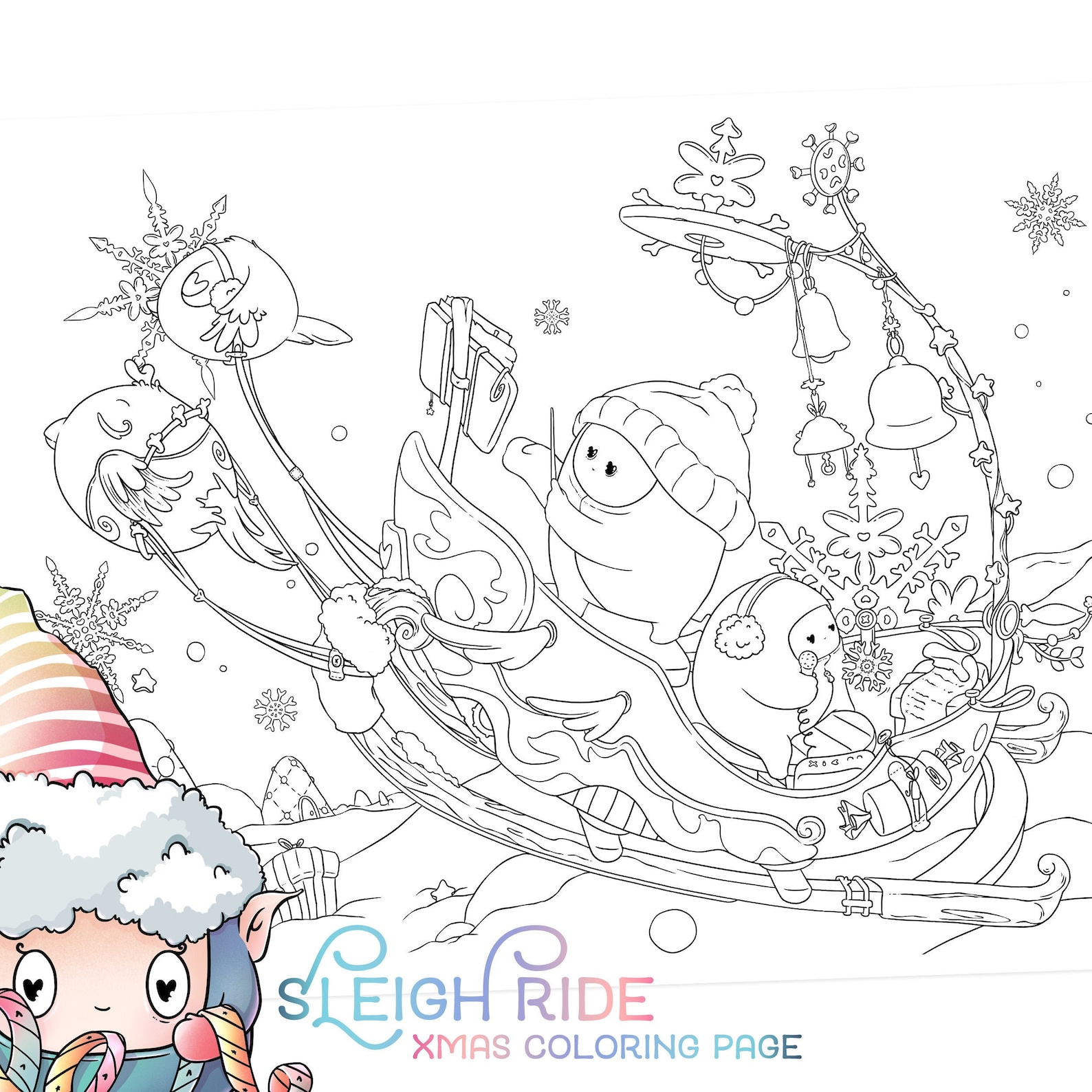 Christmas Coloring Page / Sleigh Ride Cute Winter Adult | Etsy
