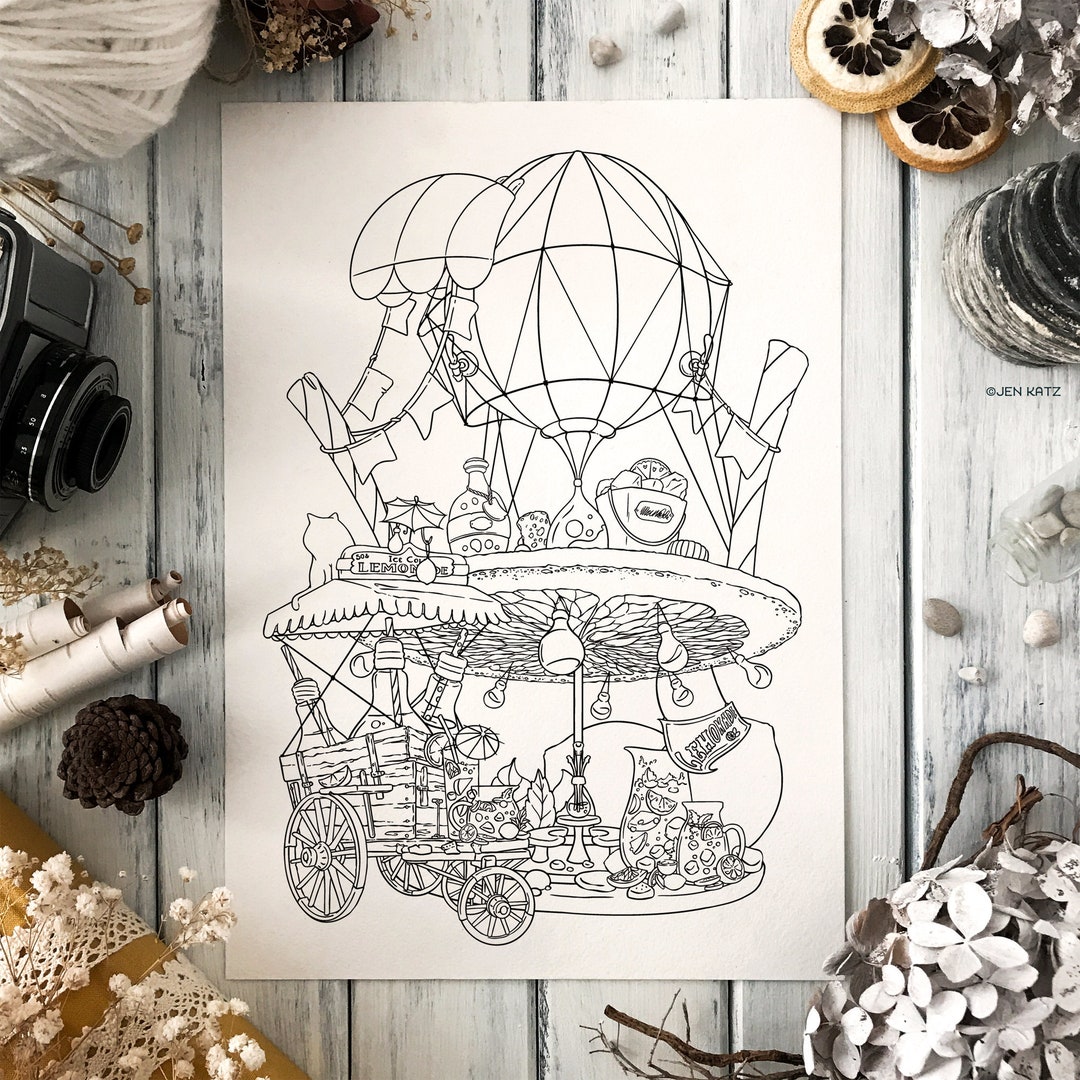 Lemonade Summer Coloring Page Cute Cat Doodle Digital Download New Year ...