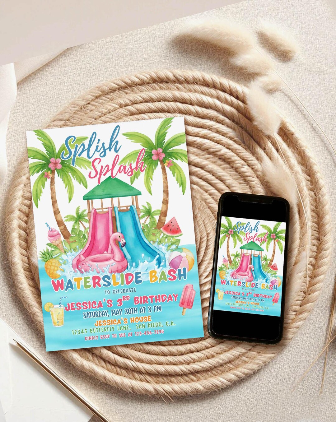 Waterslide Birthday Invitation, Girl Pool Party, Editable Template ...