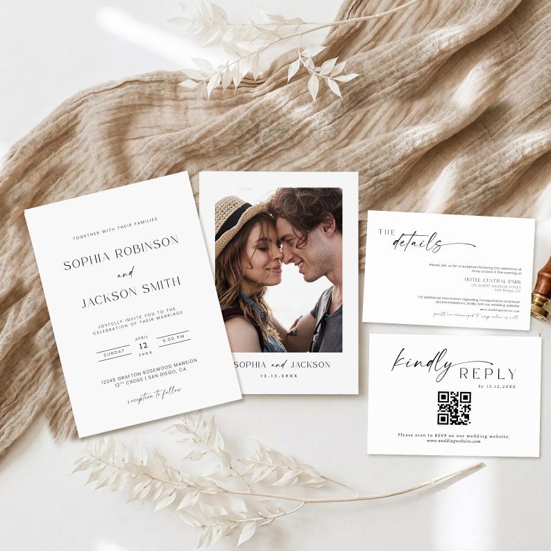Photo Wedding Invitation Template, Modern Minimalist Boho Invite Suite ...