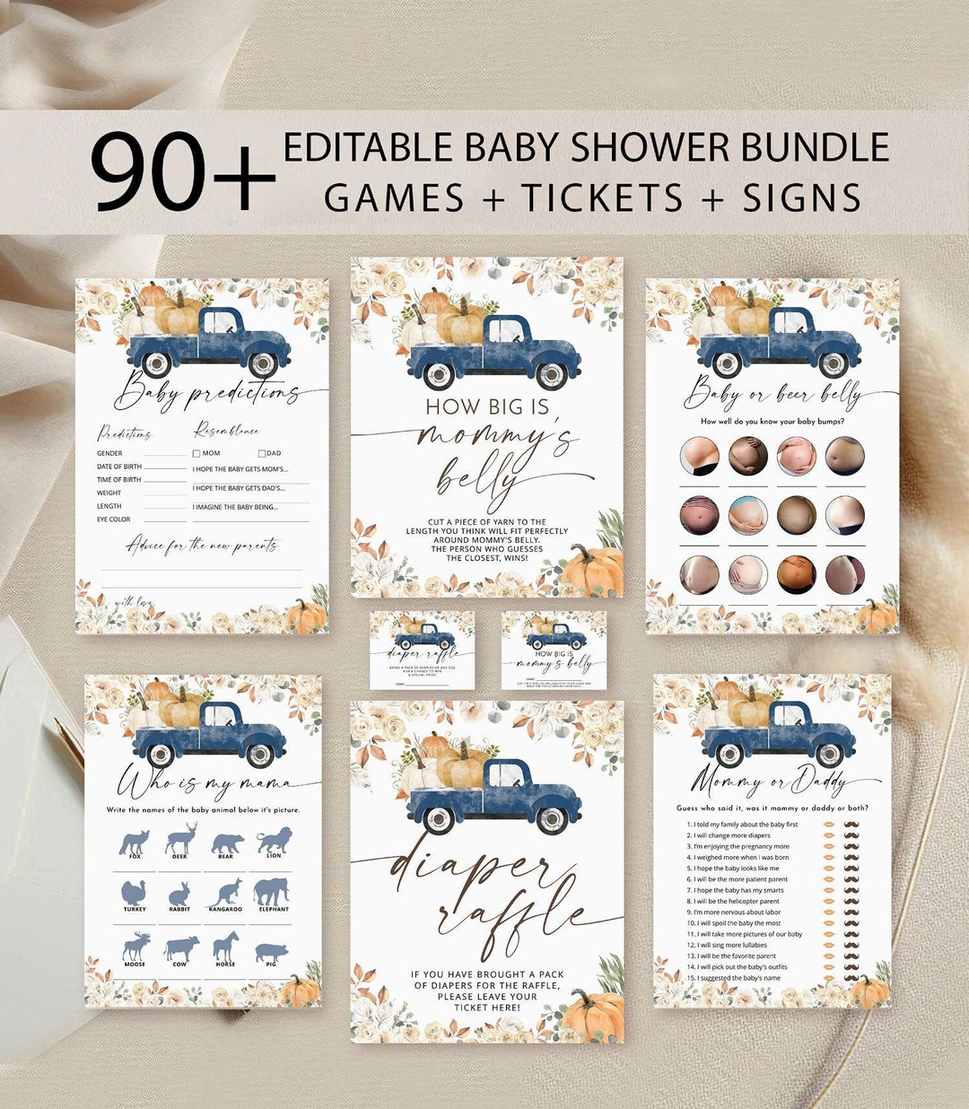 Editable Fall Pumpkin Truck Baby Shower Game Bundle, Blue Pumpkin Truck ...