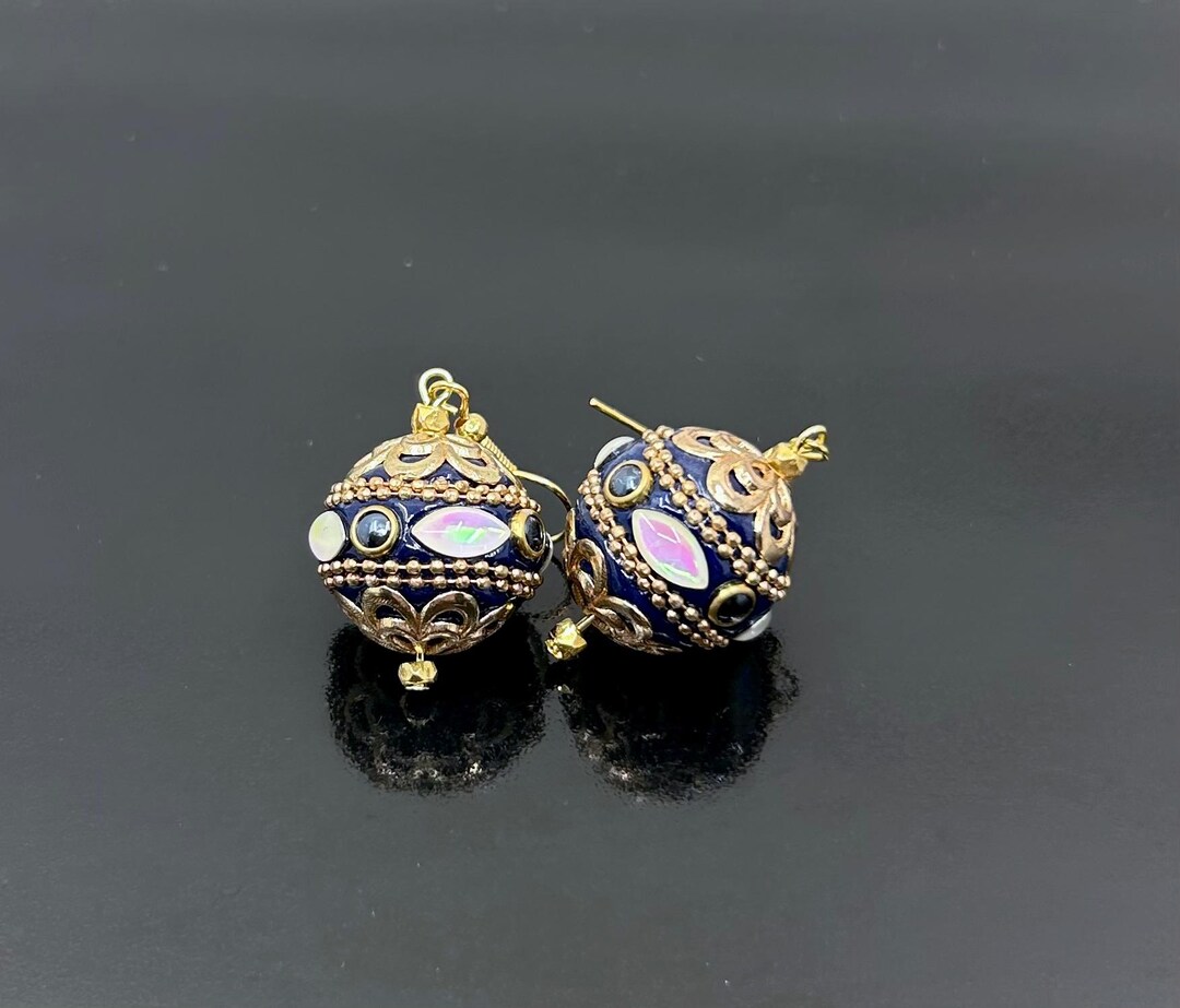 Dark Blue Indonesian Beads With Opal Ovals Gold Caps and Ropes Earrings ...