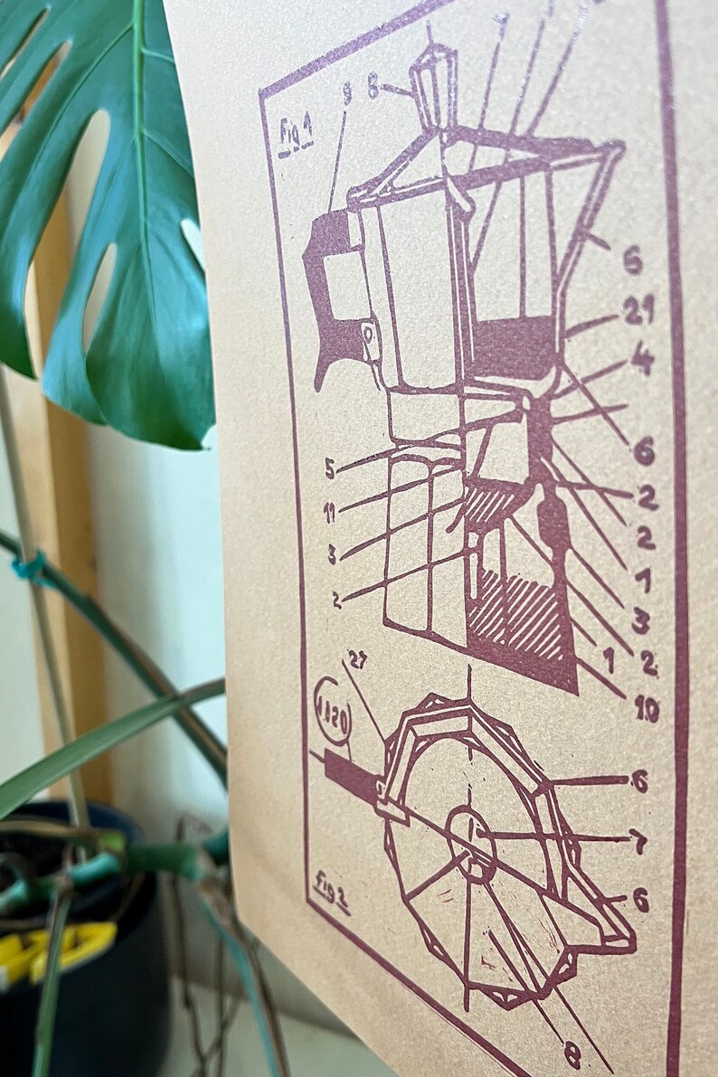 Iconic Vintage Bialetti Moka Patent Blueprint Original Linocut Print ...