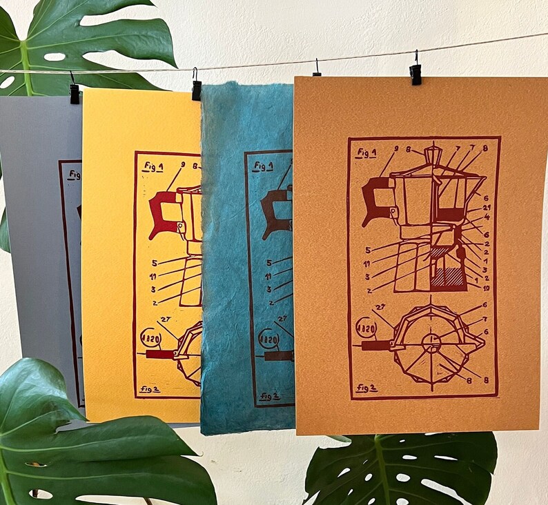 Iconic Vintage Bialetti Moka Patent Blueprint Original Linocut Print ...