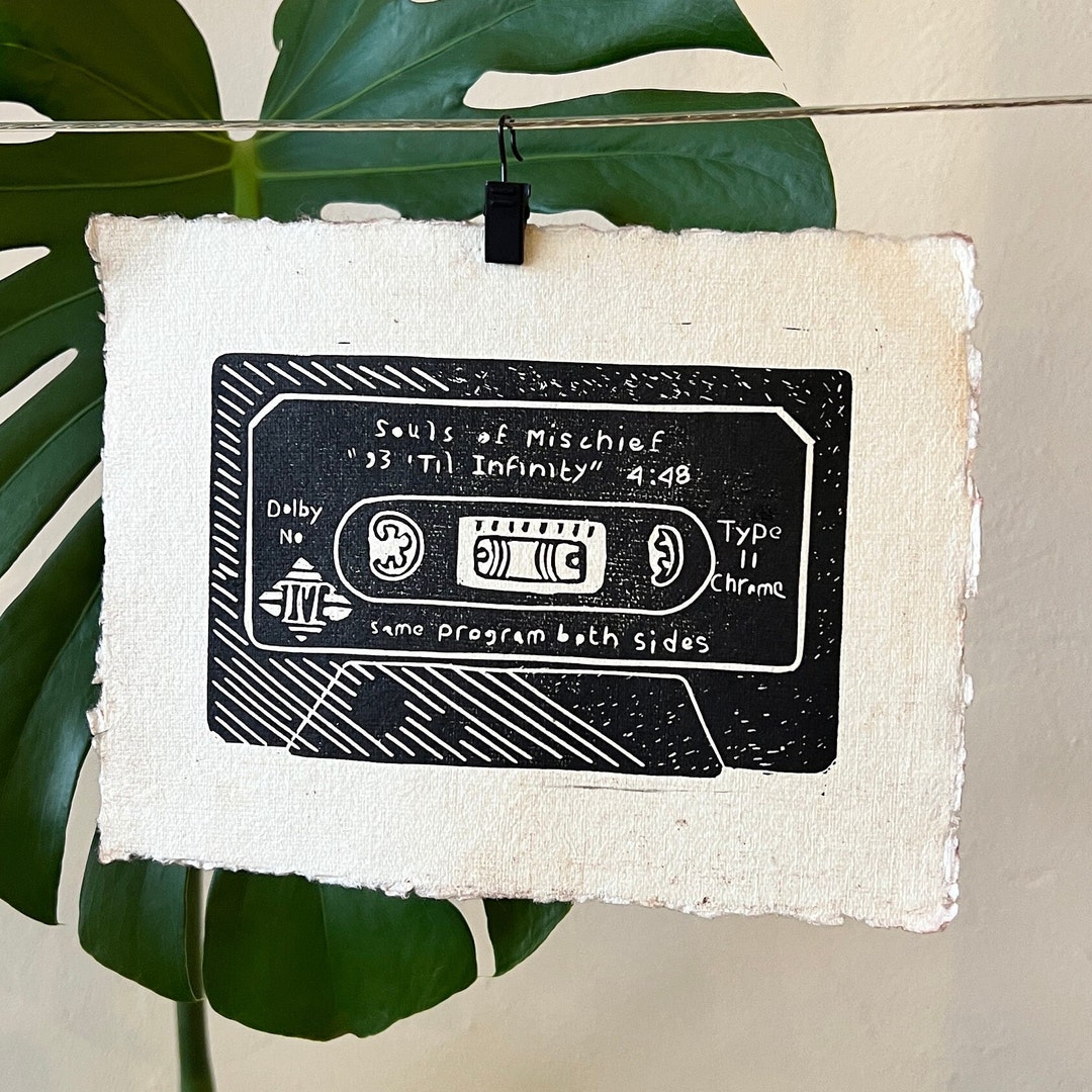 Retro Cassette Tape Linocut Print Portrait With Blank Ink on Handmade ...