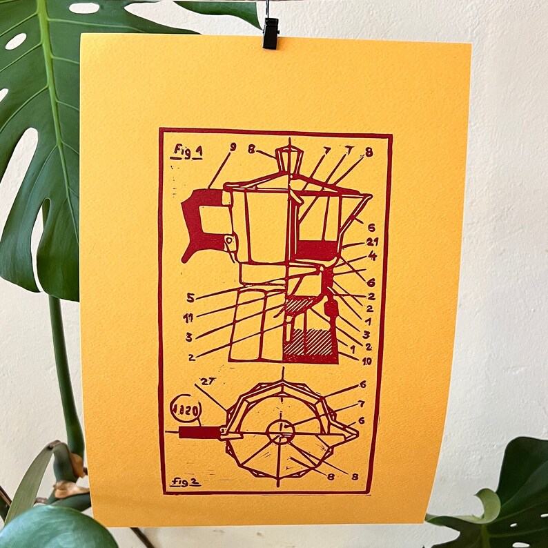 Iconic Vintage Bialetti Moka Patent Blueprint Original Linocut Print ...
