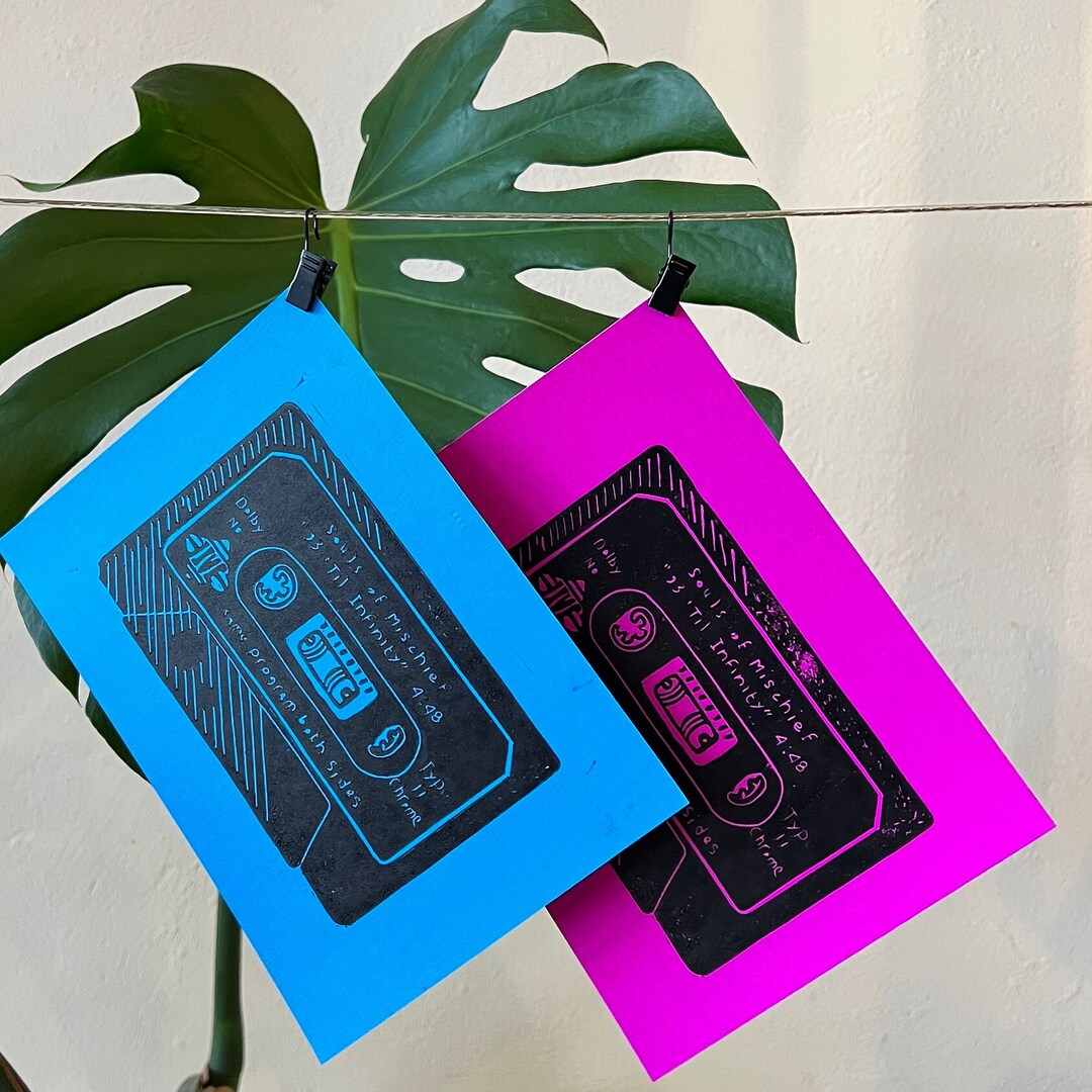 Retro Cassette Tape Linocut Print Portrait With Blank Ink on Neon ...