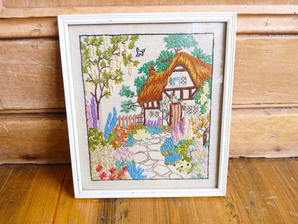 Vintage Retro 1950s Hand Embroidered Country Cottage Garden Framed ...