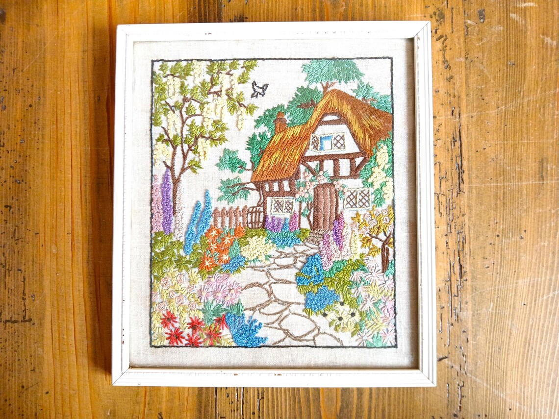 Vintage Retro 1950s Hand Embroidered Country Cottage Garden Framed ...