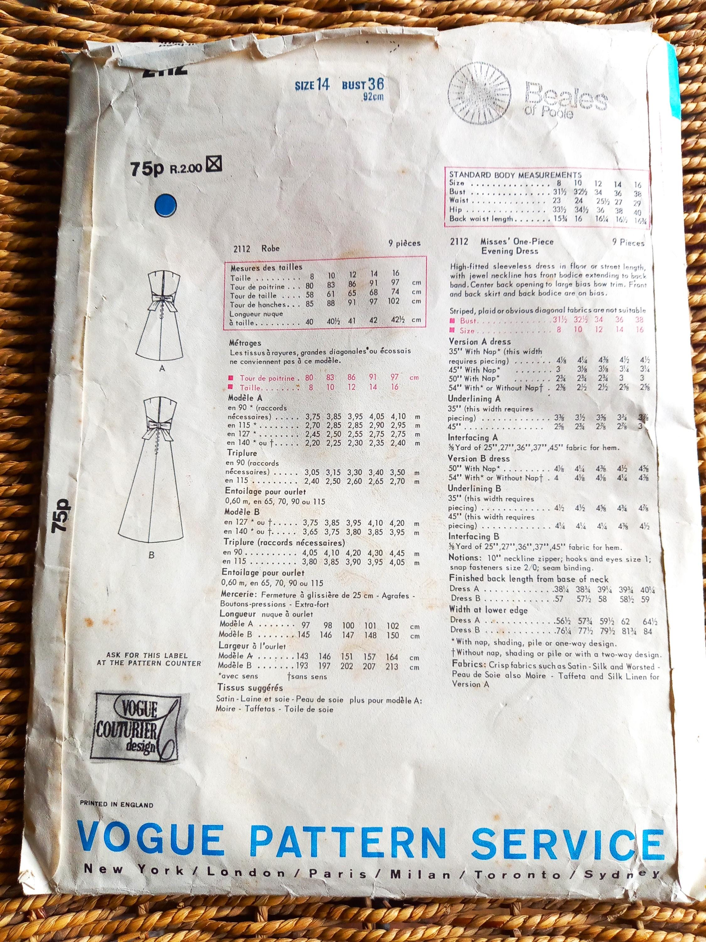 1970s Vogue Belinda Bellville Couturier Design Sewing Pattern 2112 Size ...