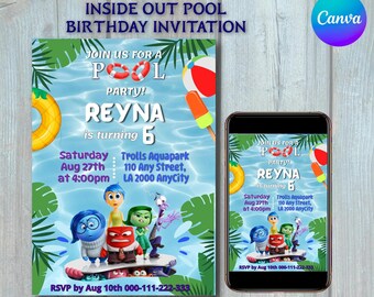 Inside Out 2 Pool Party Invitation, Joy, Sadness, Anger, Fear and ...