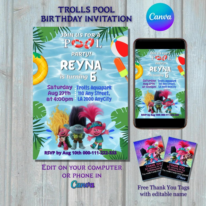 Trolls Pool Party Invitation - Etsy