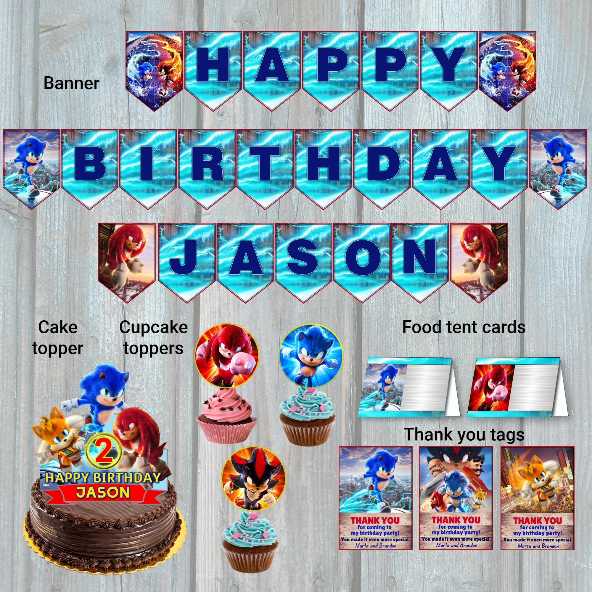 Sonic the Hedgehog Birthday Package, Set of Birthday Banner, Thank You ...
