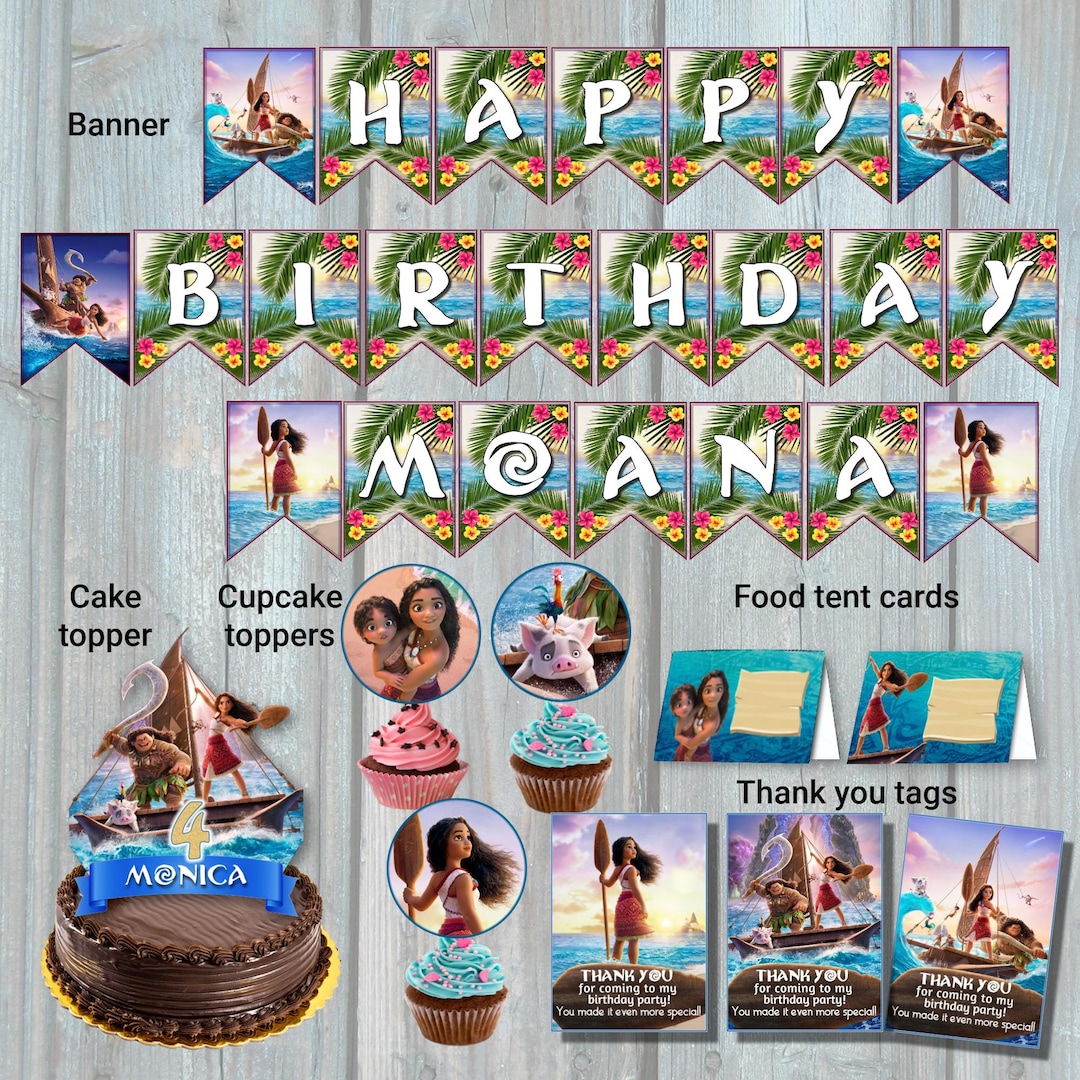 Moana 2 Birthday Package, Set of Birthday Banner, Thank You Cards, Cake ...