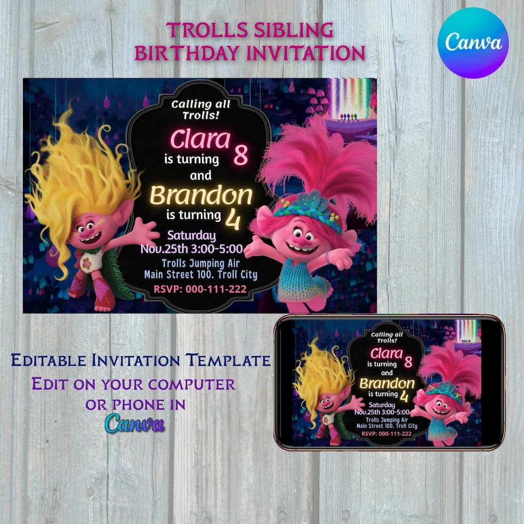 Trolls, Band Together 2023 Sibling Birthday Invitation, Poppy and Viva ...