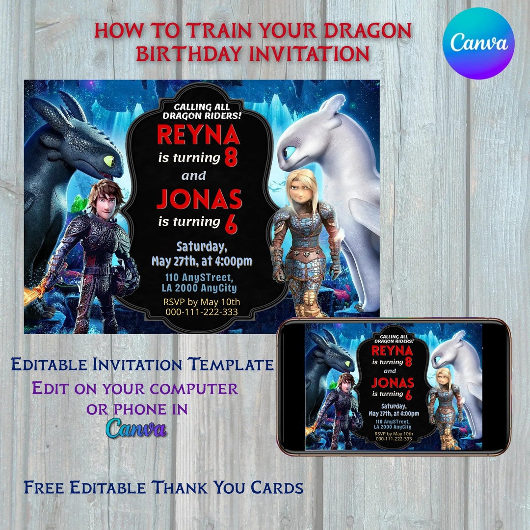 How to Train Your Dragon Sibling Birthday Invitation, Toothless Invite ...