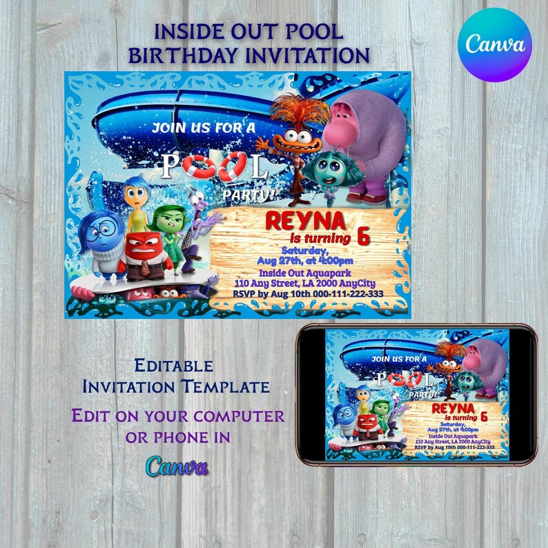 Inside Out 2 Pool Party Invitation, Joy, Sadness, Anger, Fear and ...