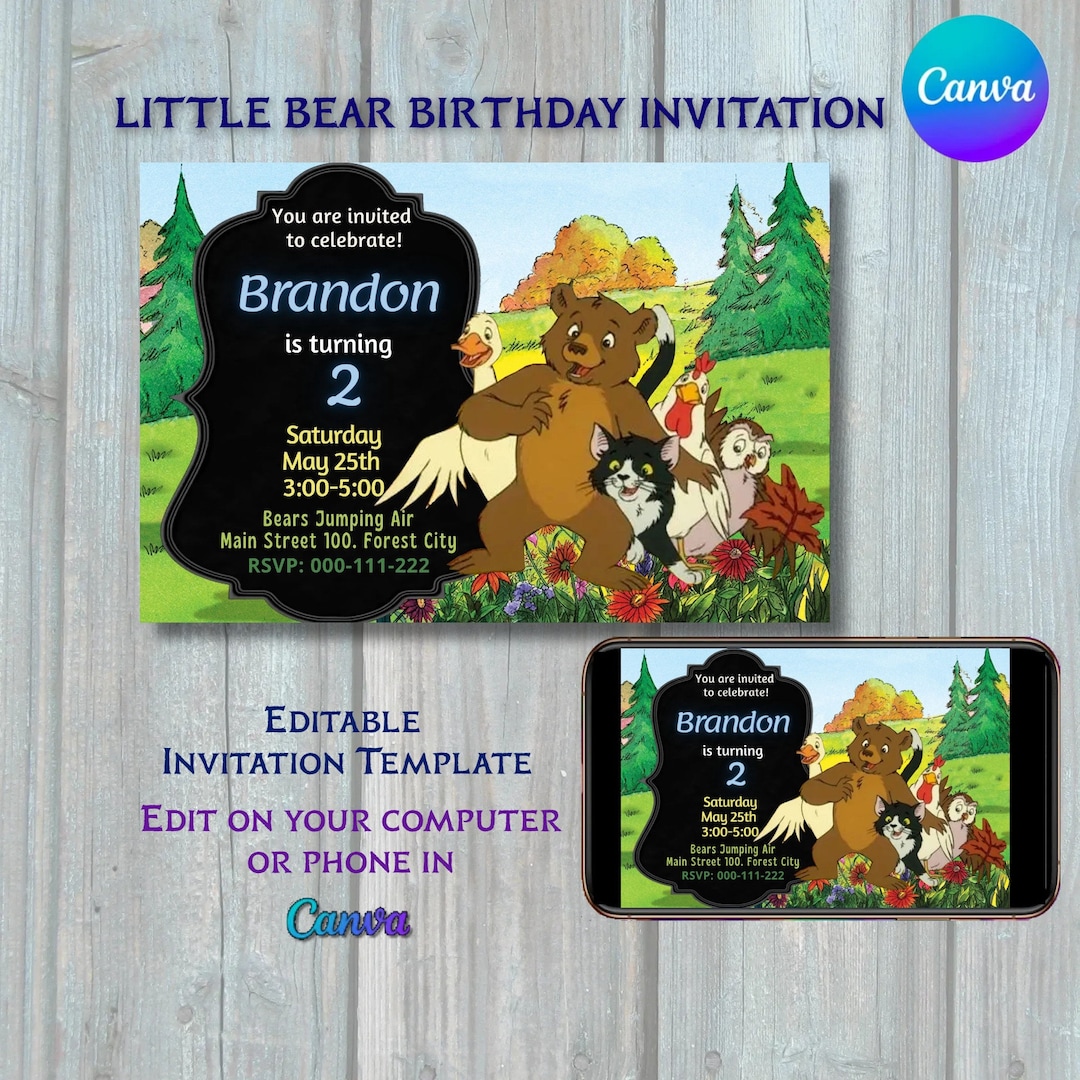 Little Bear Birthday Invitation, Oldcartoon Invite for Kids, Editable ...