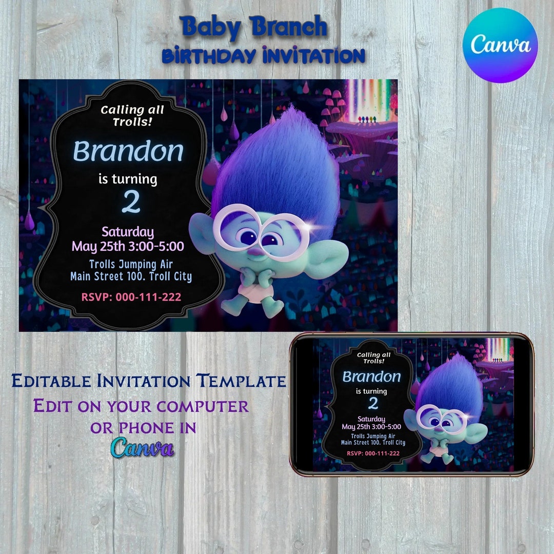 Trolls, Band Together 2023 Birthday Invitation, Baby Branch Invite for ...
