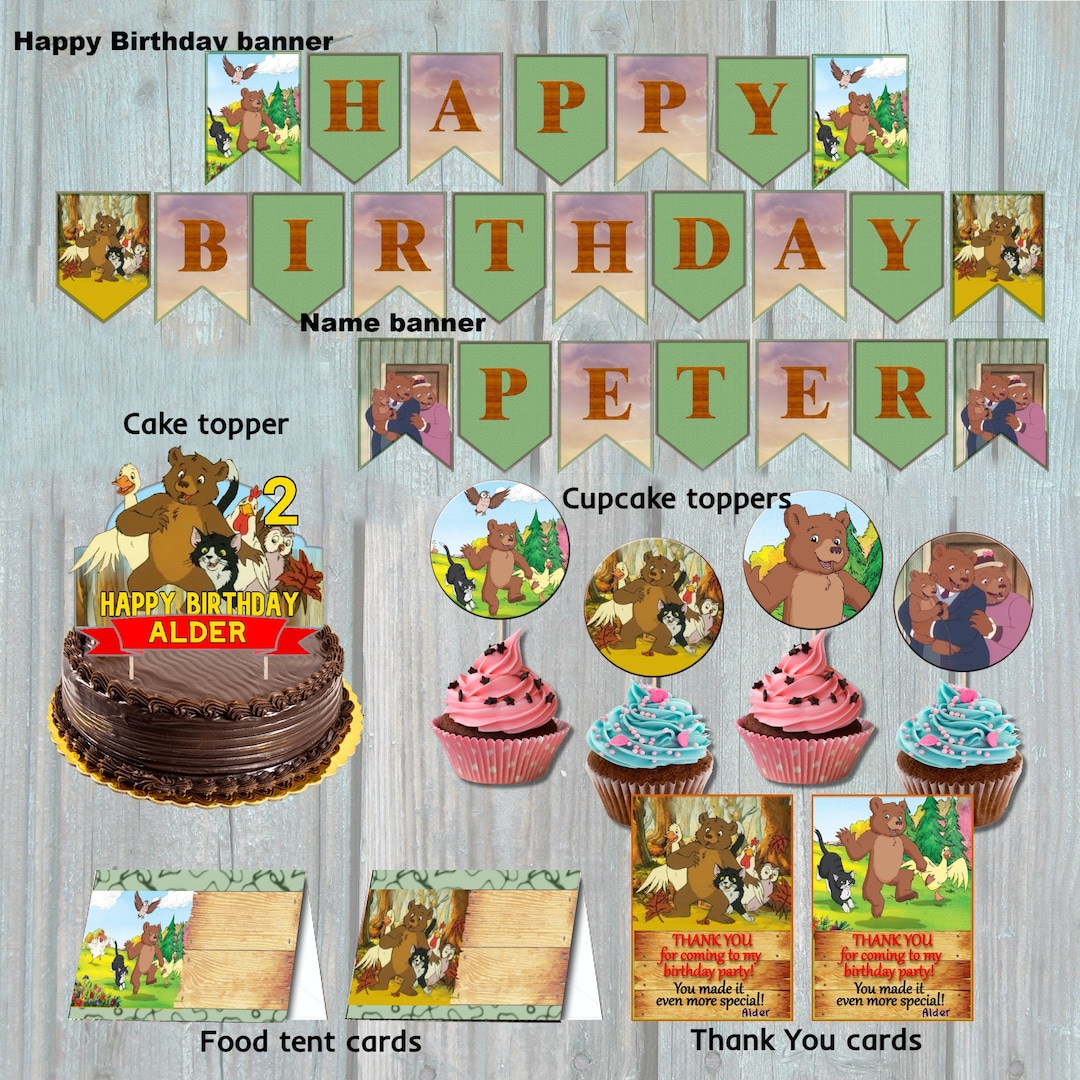 Little Bear Old Cartoon Birthday Package, Set of Birthday Banner, Thank ...