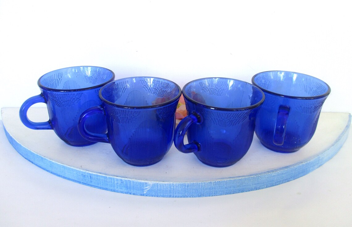 Vintage 4 Cobalt Blue Glass Coffee Cup With Handle Fortecrisa | Etsy