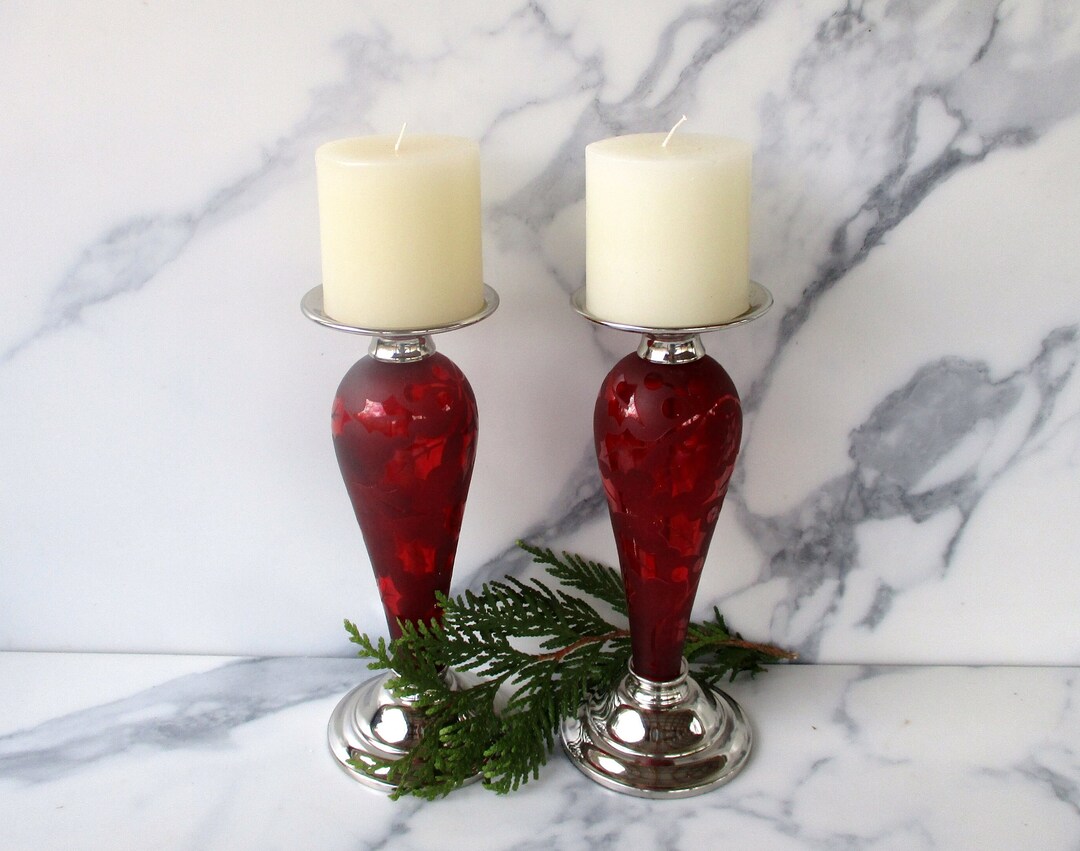 Set of Two Pillar Candle Holders,up to 3 "candle,red Glass and Silver ...