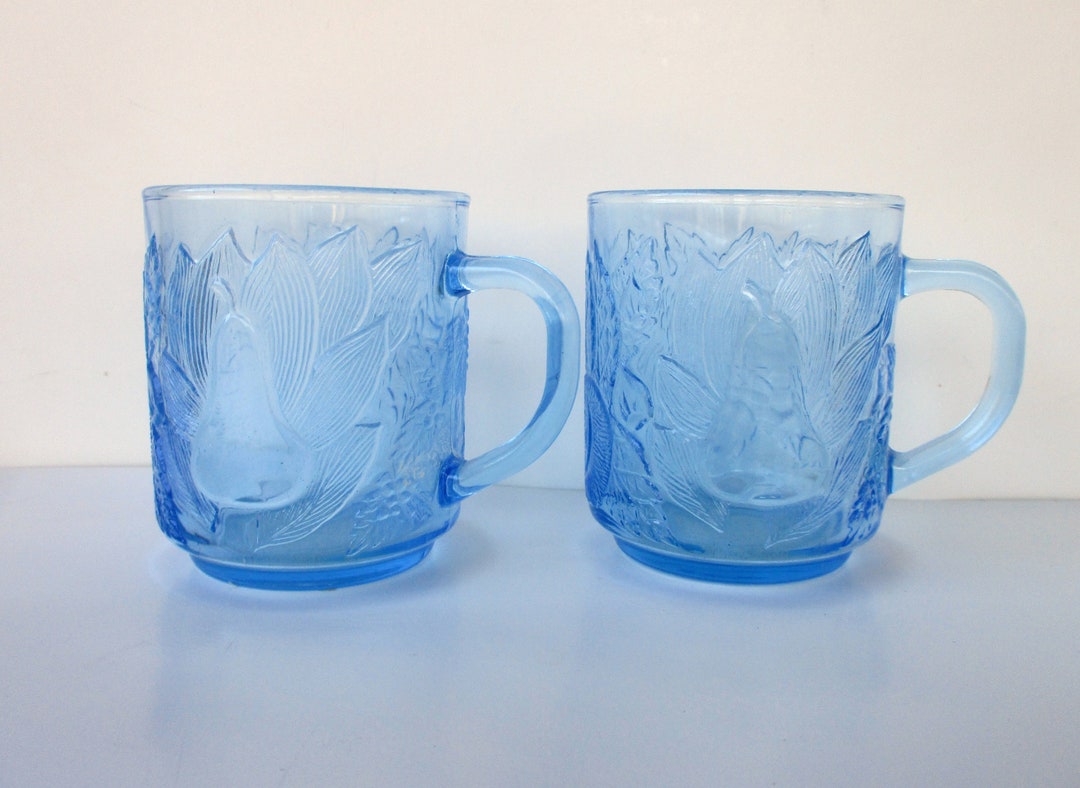 Vintage 2 Blue Glass Mugs,embossed Fruit, Light Blue Mugs,8 Oz Coffee ...