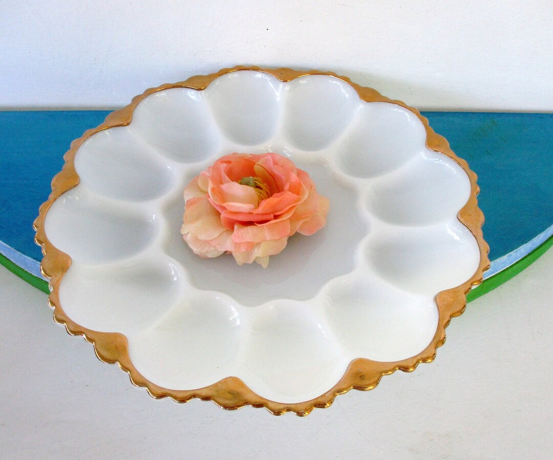 Vintage Egg Plate, Milk Glass Egg Platter Tray With Thick Gold Trim ...