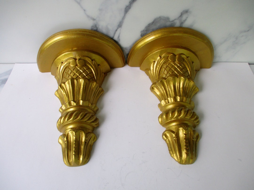 Vintage 2 Wall Sconces Shelves,wooden Gold Wall Corbels,2 Displays ...