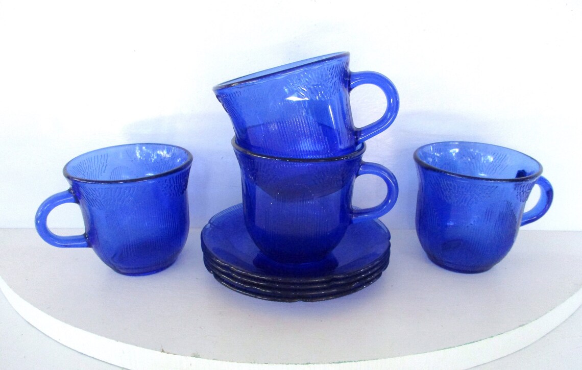 Vintage Cobalt Blue Glass Mugs With Saucer Set of 4 - Etsy