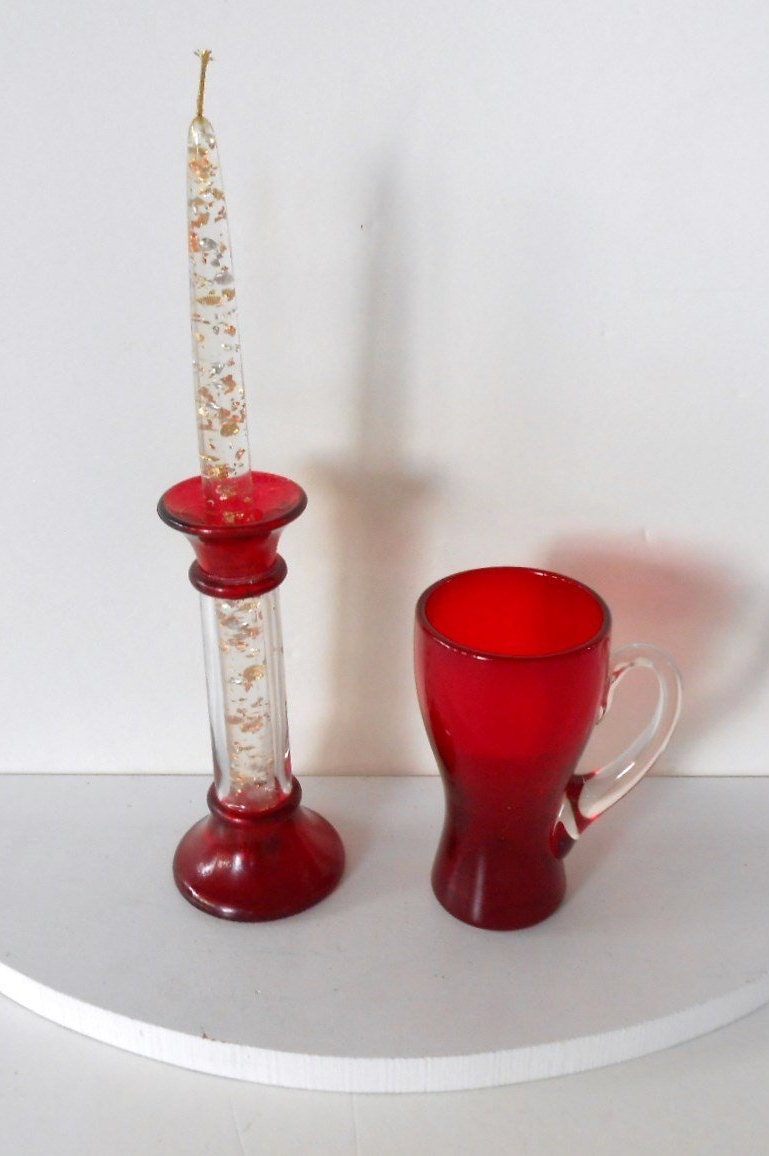 Vintage Red and Clear Glass,candle Holder or Vase,red Glass Mug With ...