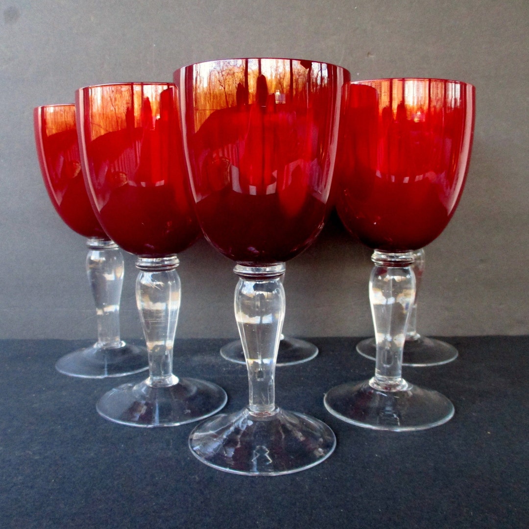 Vintage Ruby Red Glass 6 Goblets With Clear Stems,10 Oz Red Wine ...