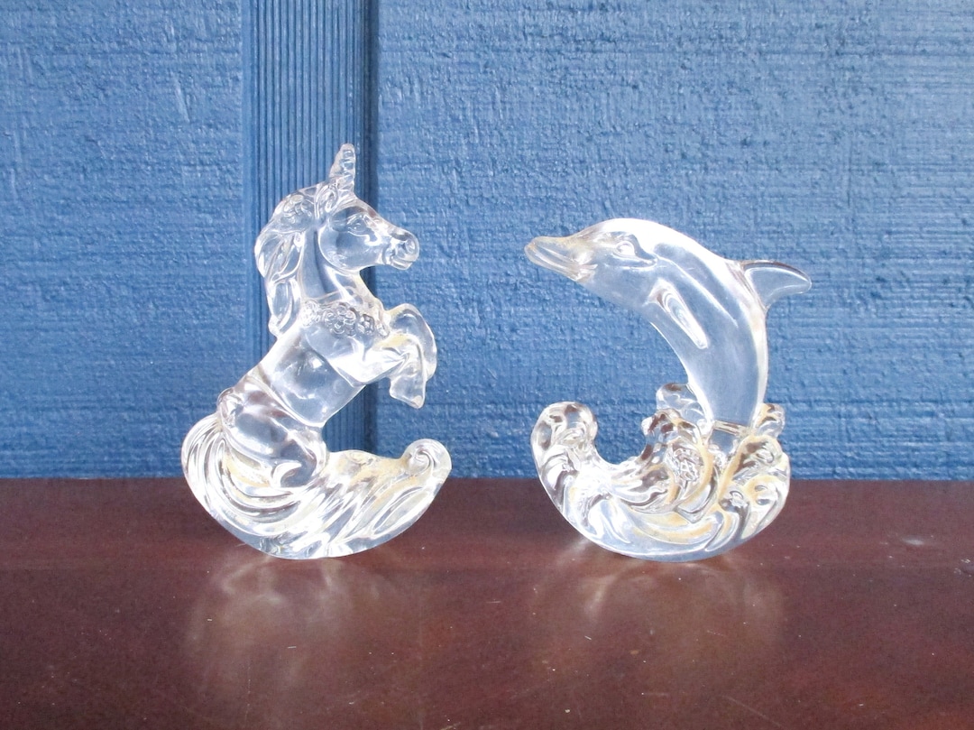 Vintage Crystal Rocking Dolphin and Unicorn Figurine, 24% Lead Crystal ...