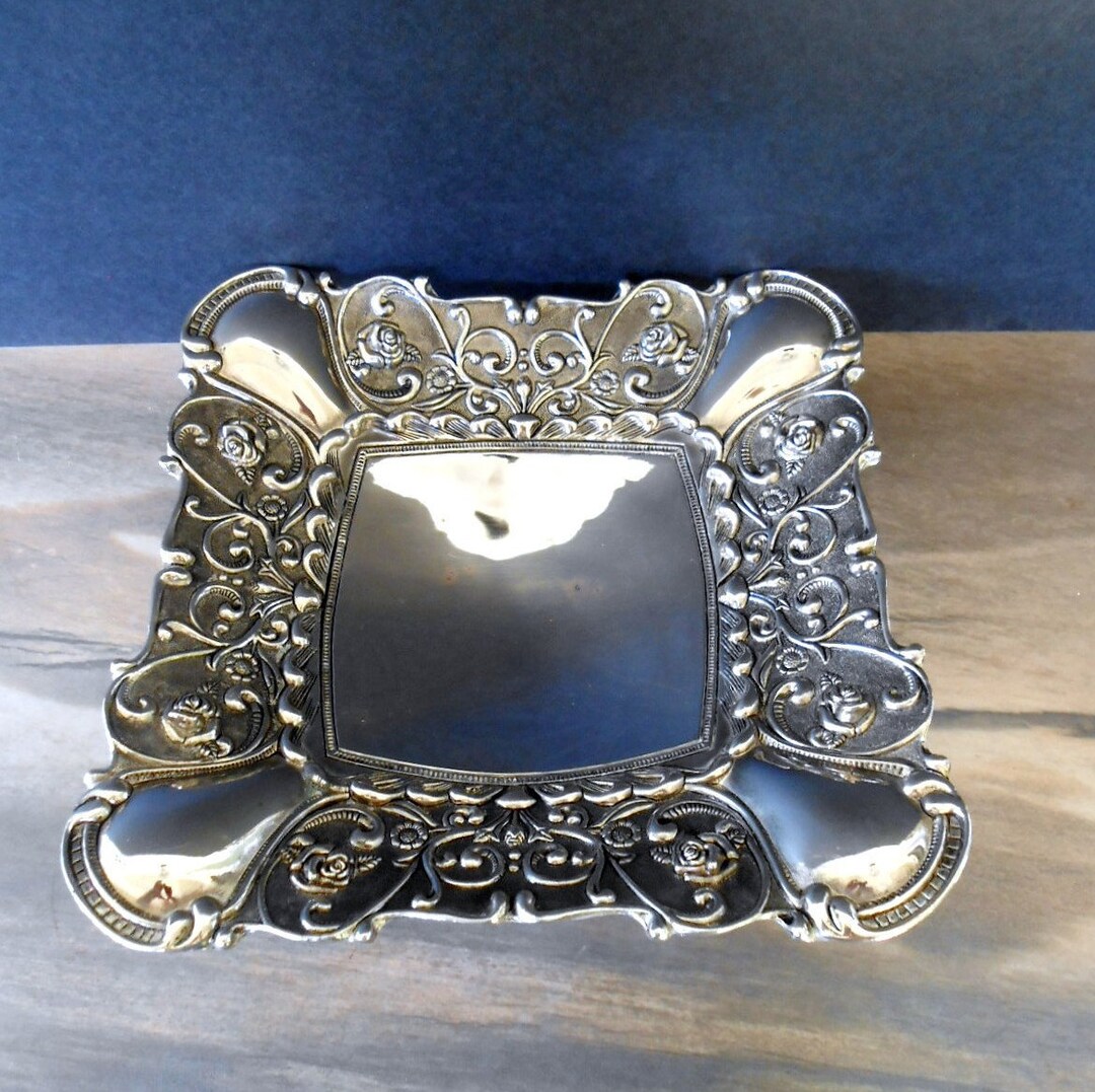 Vintage Silver Plated Square Bowl,embossed Footed Silver Plate Bowl ...