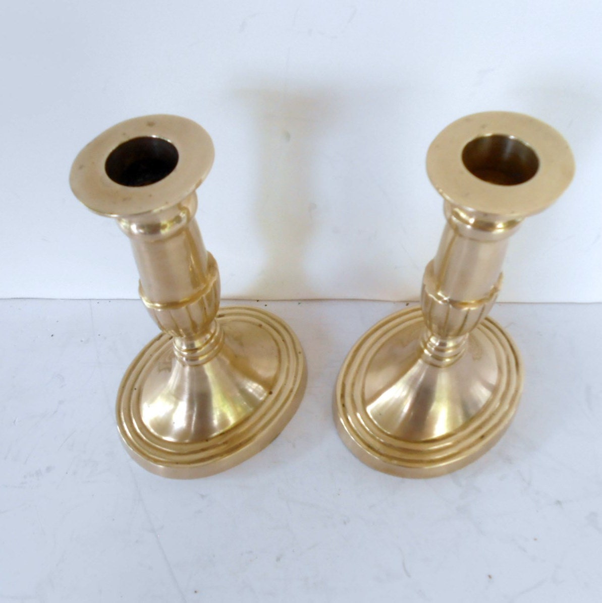 2 Heavy Brass Candle Holders,oval Base Brass Candlesticks,good Vintage ...