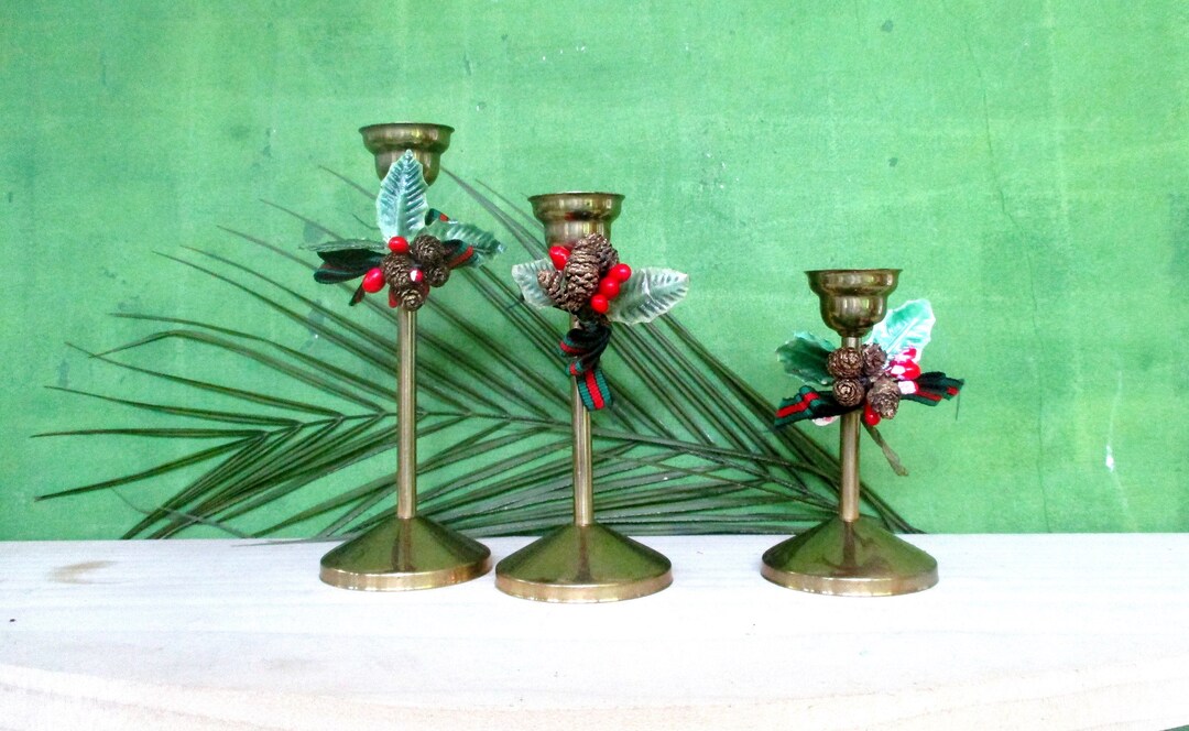 Vintage Gold Metal 3 Christmas Candlesticks, Graduated Candle Holders ...