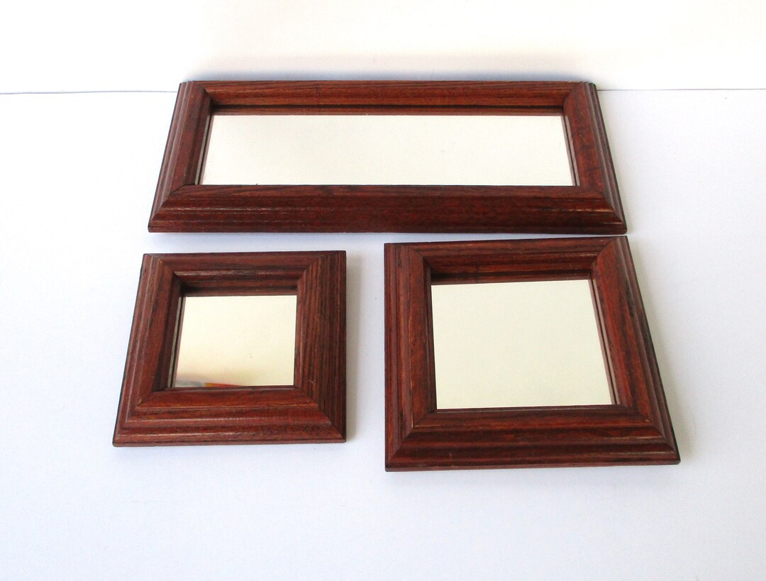 Vintage 3 Brown Frame Wall Hanging Mirrors,three Wood Frame Matching ...