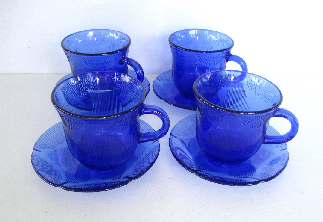 Vintage Cobalt Blue Glass Mugs With Saucer, Set of 4 Fortecrisa Mexico ...