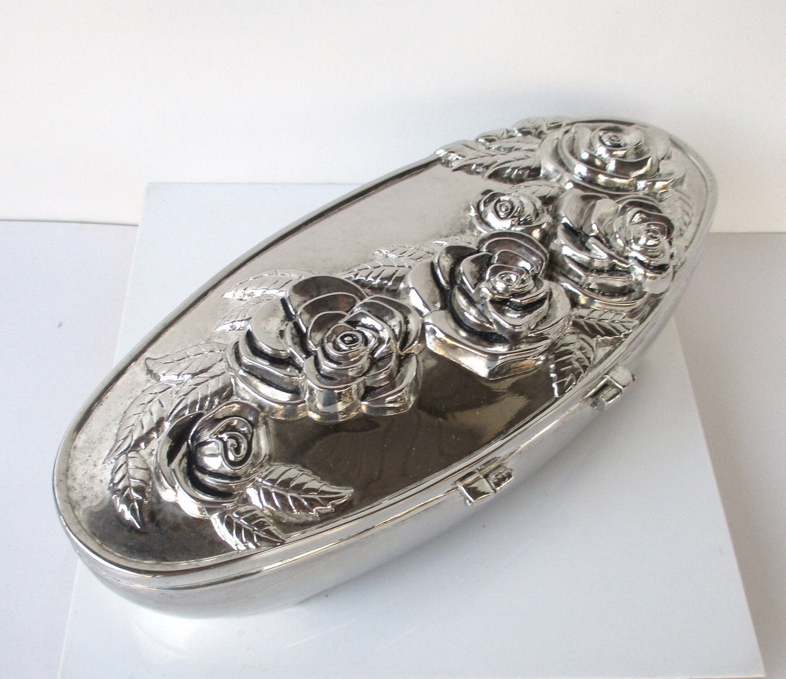 Vintage Silver Plated Oval Trinket Box,embossed Roses,red Velvet Inside ...
