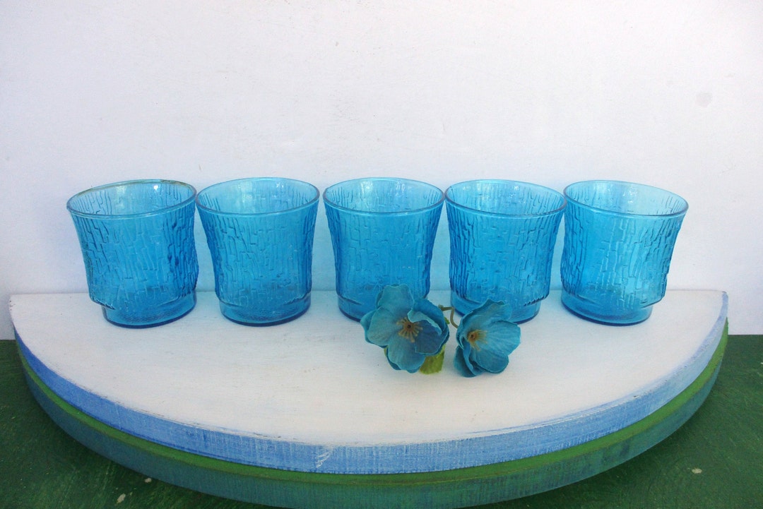 Vintage Turquoise Blue Glass Tumblers,set of 5 Whiskey Glasses,tree ...