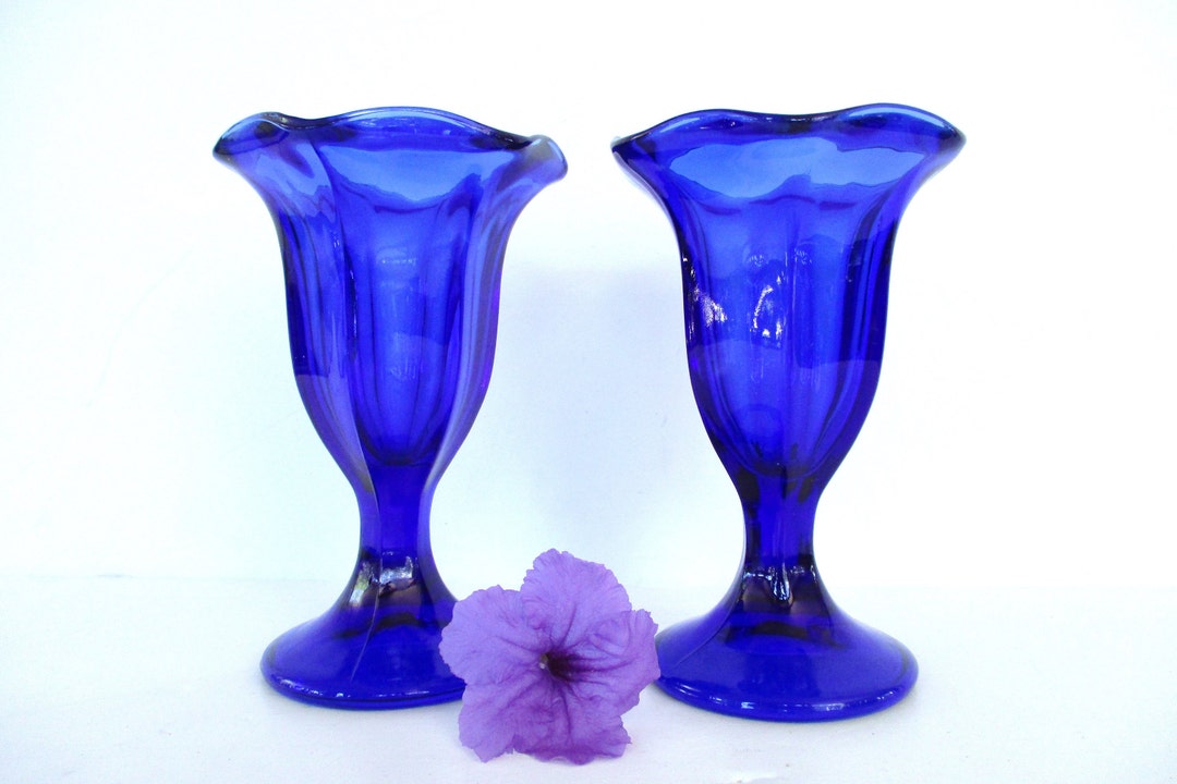 Vintage 2 Cobalt Blue Glass Cups,sundae,ice Cream Glasses, 6" T ...