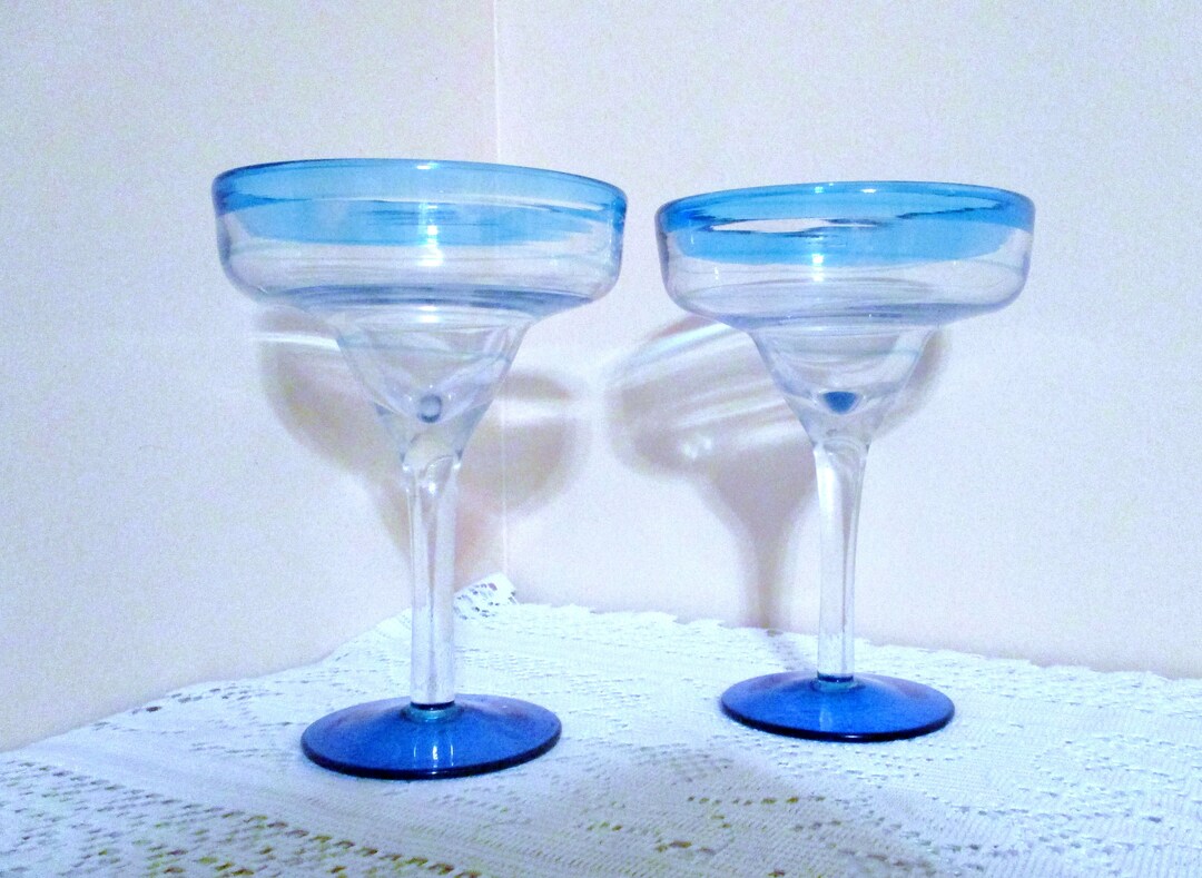 Vintage Blue Rim Margarita Goblets, Pier 1 Mouth Blown Glass, Set of 2 ...