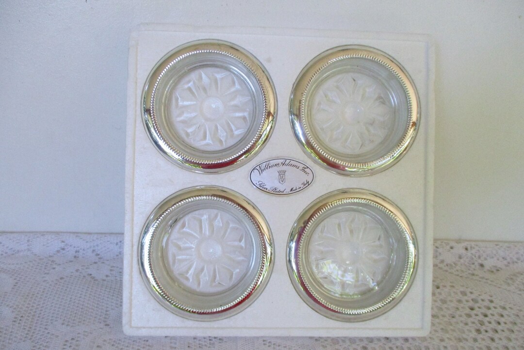 Buy Vintage Silver and Glass Coasters,4 Silver Plated Coasters by ...