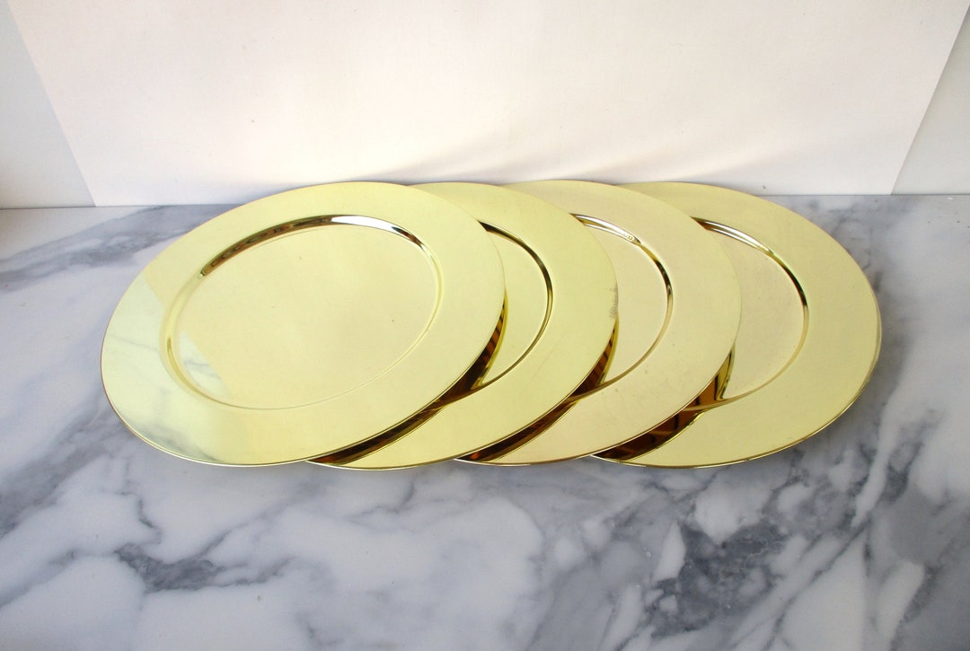 4 Brass Chargers,12" D Gold Metal Trays, Large Brass Plates, Serving ...