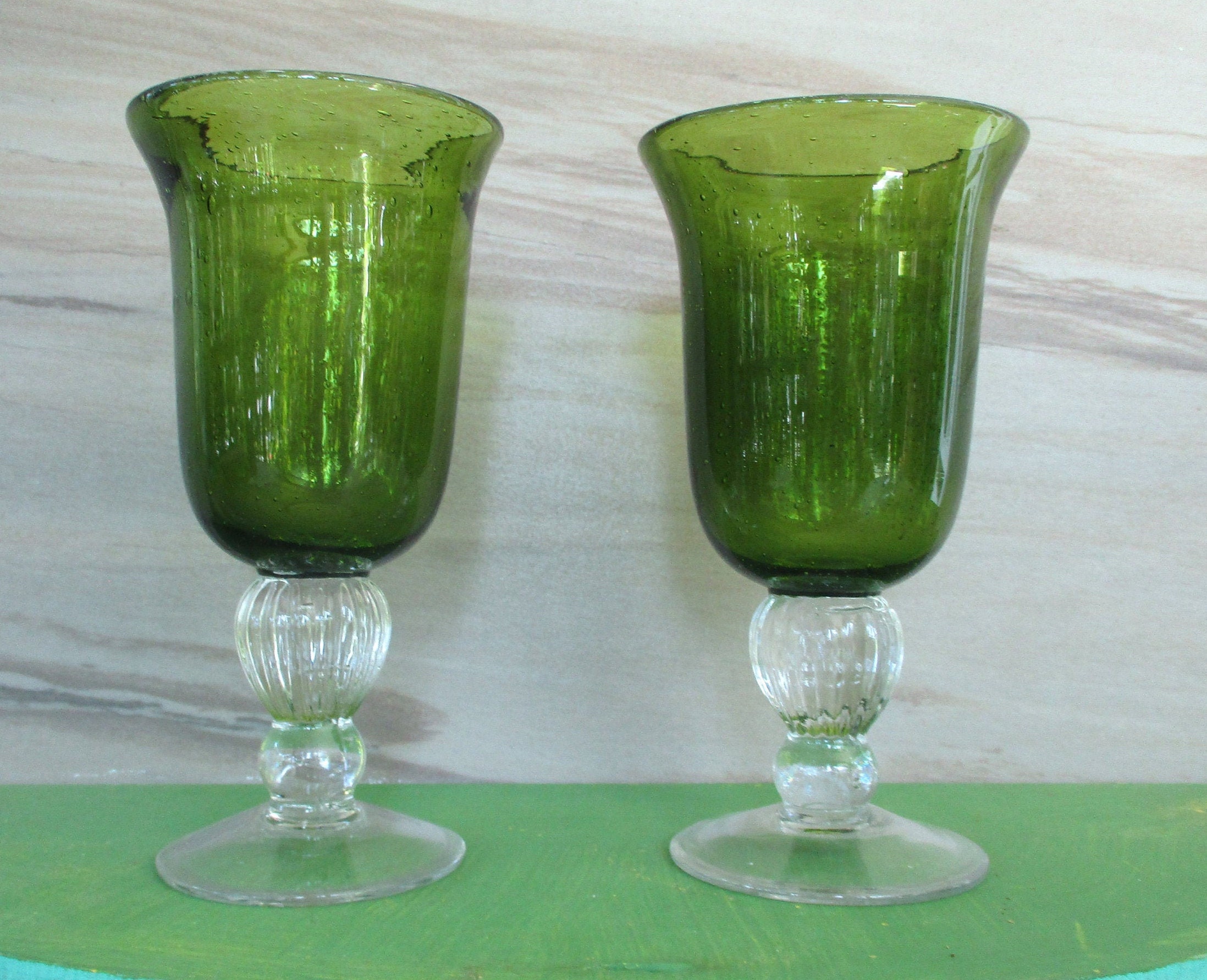 Vintage Green Glass Goblets2 Large Beverages Glasses 7 Etsy