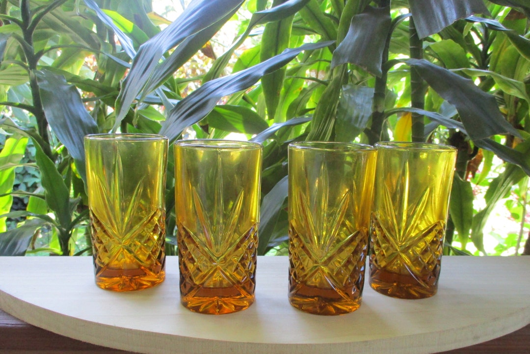 Vintage Amber Glass Drinking Glasses, Cut Crystal Design, Set of 4 - Etsy
