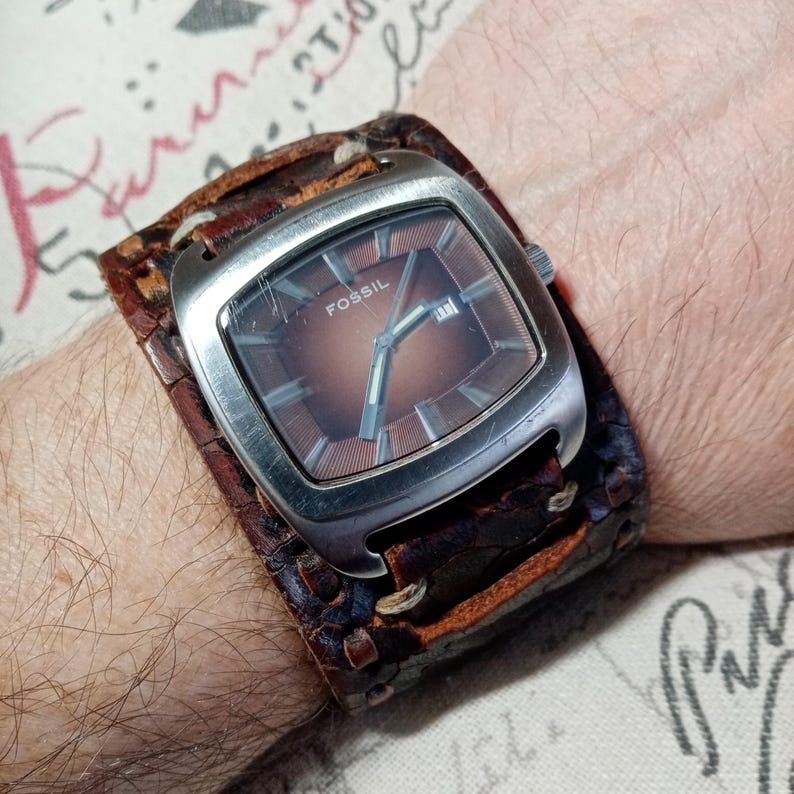 Vintage Fossil Watch JR-8985 Brown Dial With Leather Cuff Band, Leather ...